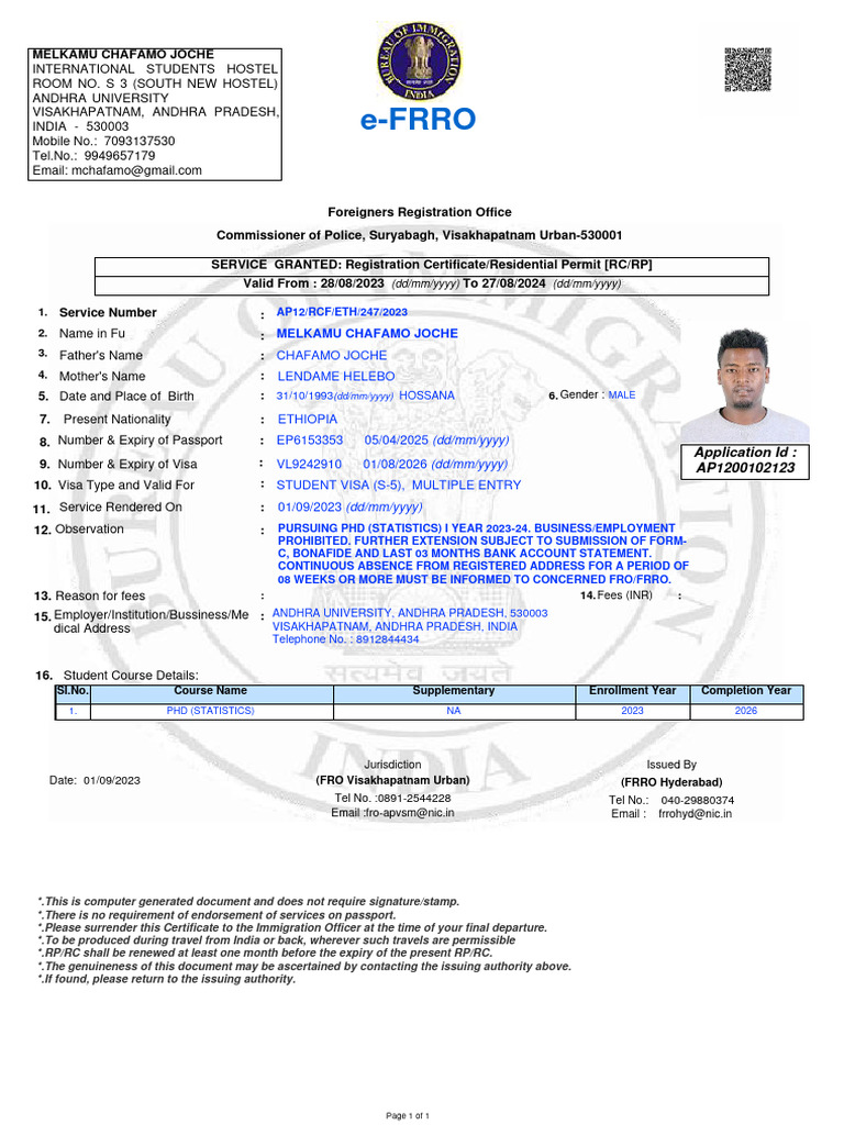 FRRO Registration for International Student | PDF | Travel Visa ...