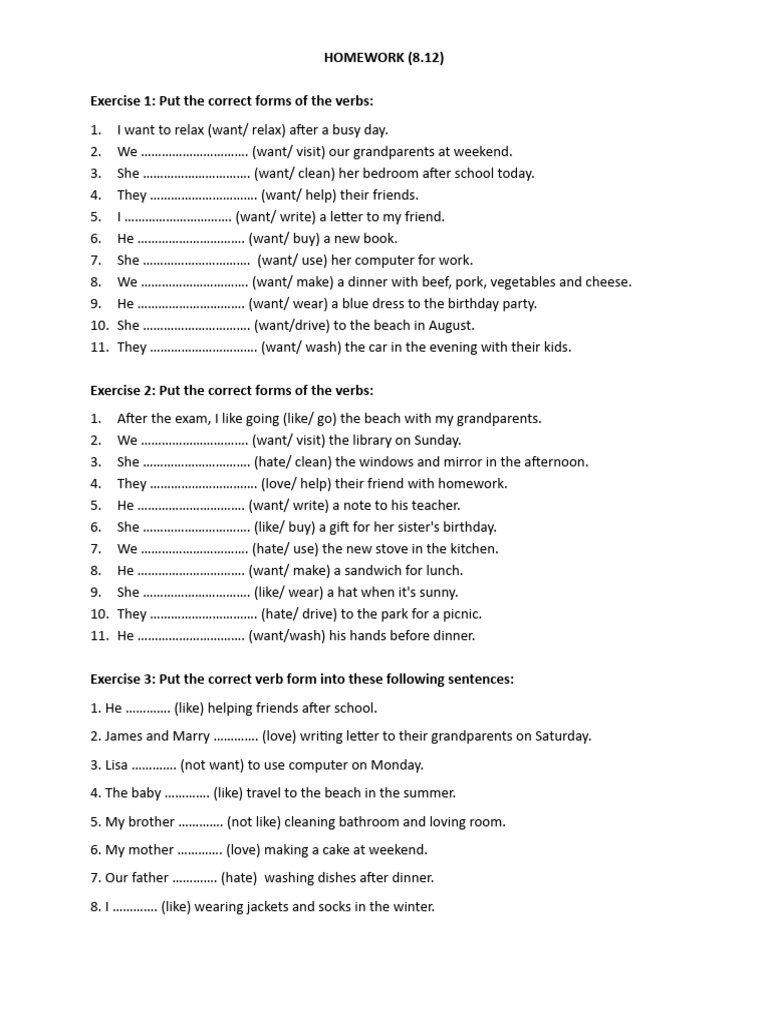 HOMEWORK (8.12) Exercise 1: Put The Correct Forms of The Verbs | PDF