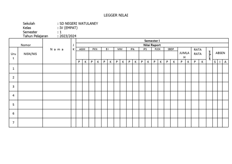 Contoh Leger Nilai | PDF
