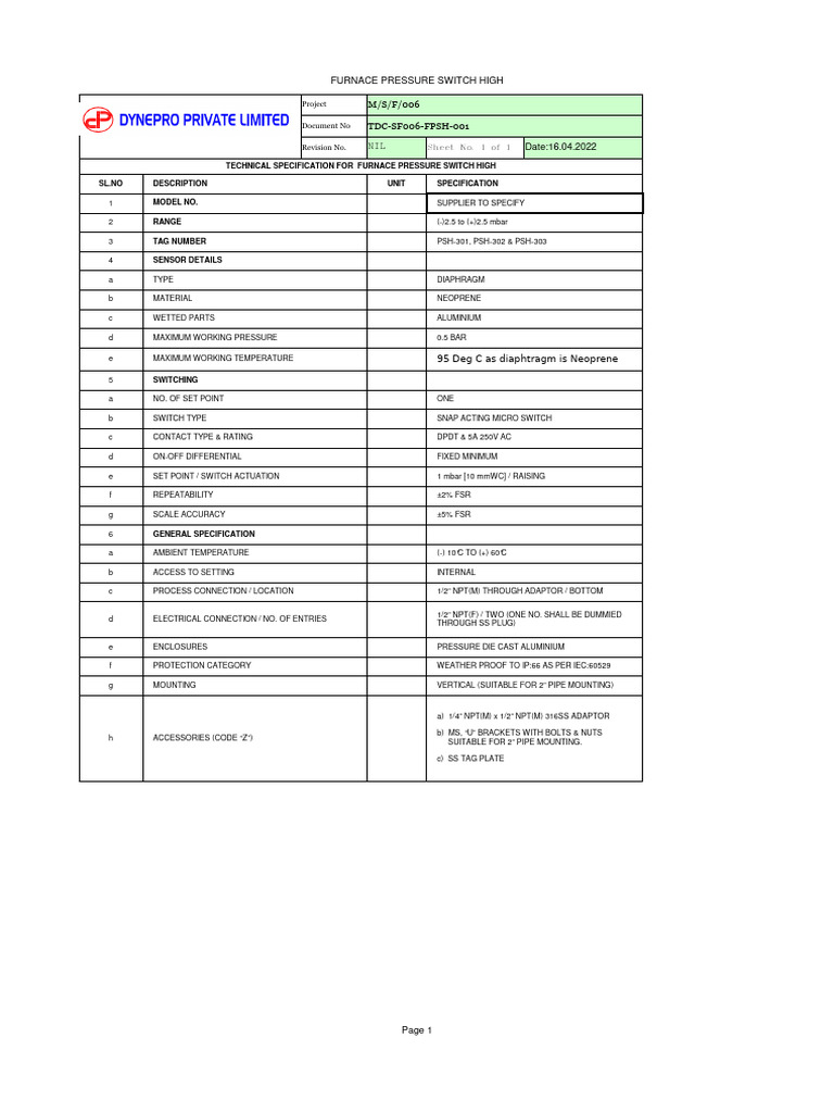 Technical Specification For Furnace Pressure Switch High SL - No Description Unit Specification ...