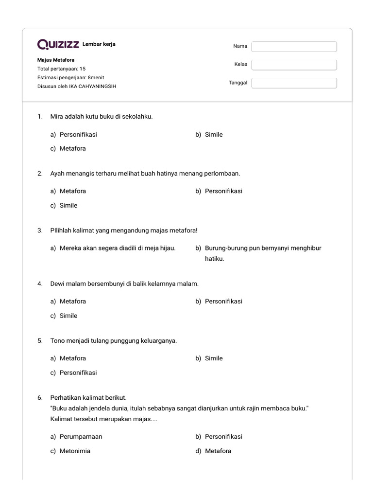 Quizizz - Majas Metafora | PDF