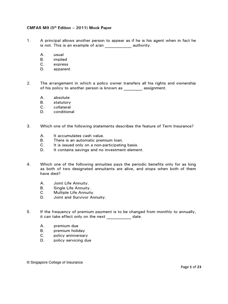 CMFAS M9 Mock Exam Paper 2011 | PDF | Life Insurance | Insurance