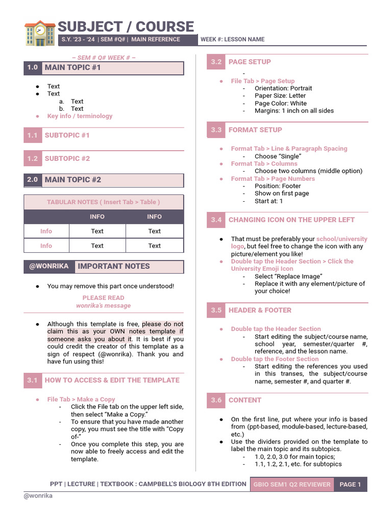 A4 CLASSIC PINK (@wonrika On TWT) GDocs Notes Upated Template | PDF ...