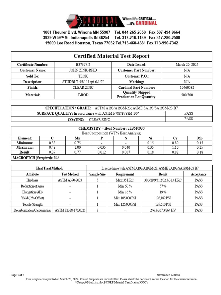 Certified Material Test Report | PDF | Physical Sciences | Materials