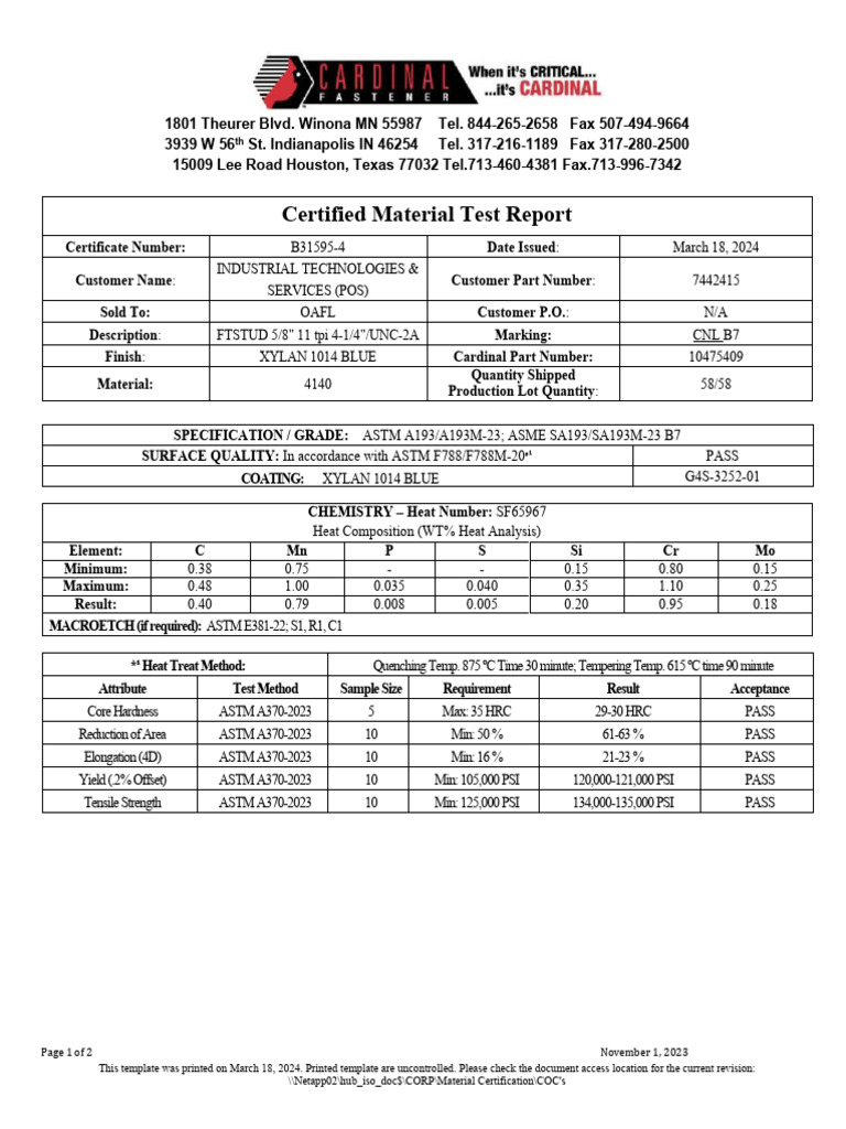 Certified Material Test Report | PDF