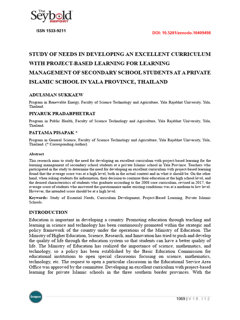 Study of Needs in Developing An Excellent Curriculum With Project-Based Learning For Learning ...