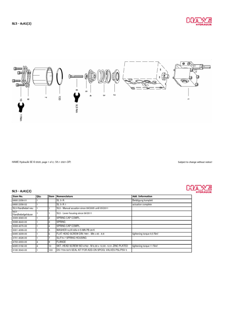 HAWE Hydraulik SL5 Component List | PDF