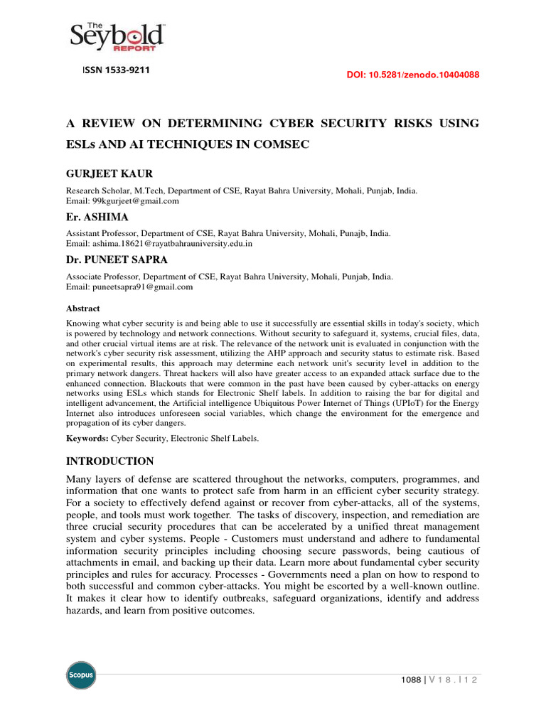 A REVIEW ON DETERMINING CYBER SECURITY RISKS USING ESLs AND AI TECHNIQUES IN COMSEC | PDF ...
