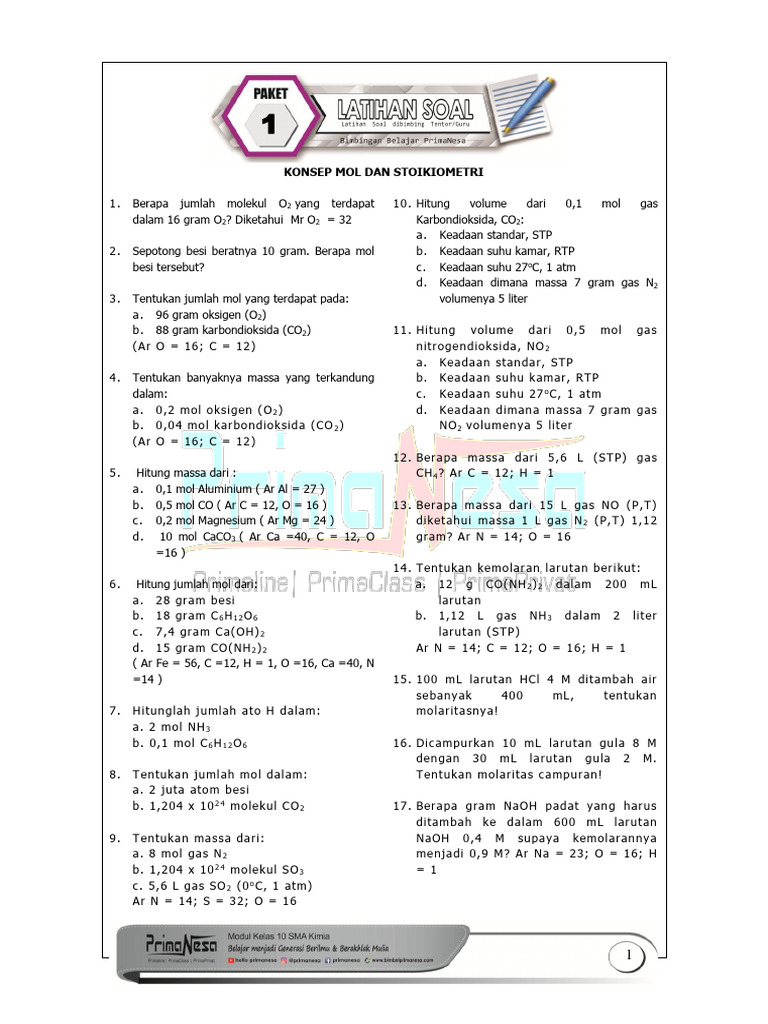 10 Latihan Soal 1 Konsep Mol & Stoikiometri | PDF