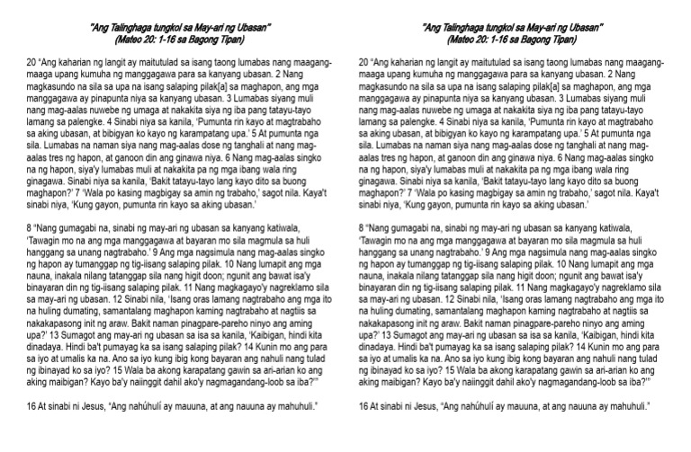 Ang Talinghaga Tungkol Sa May-Ari NG Ubasan | PDF