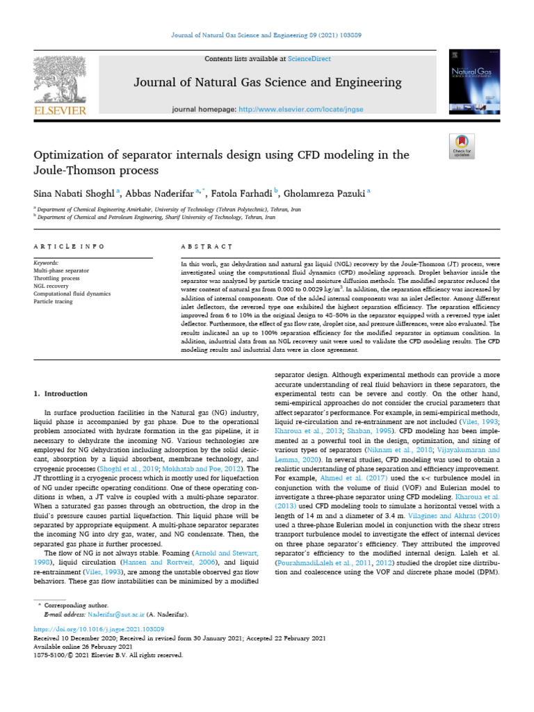 Optimization of Separator Internals Design Using CFD Modeling in The Joule-Thomson Process ...