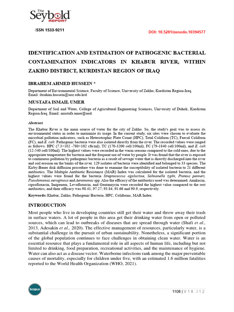 IDENTIFICATION AND ESTIMATION OF PATHOGENIC BACTERIAL CONTAMINATION INDICATORS IN KHABUR RIVER ...