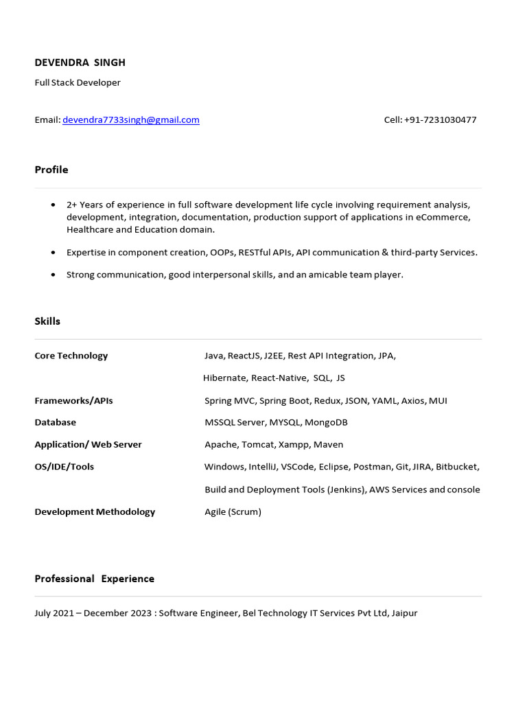 CV-Devendra-Singh | PDF | Spring Framework | Microsoft Sql Server