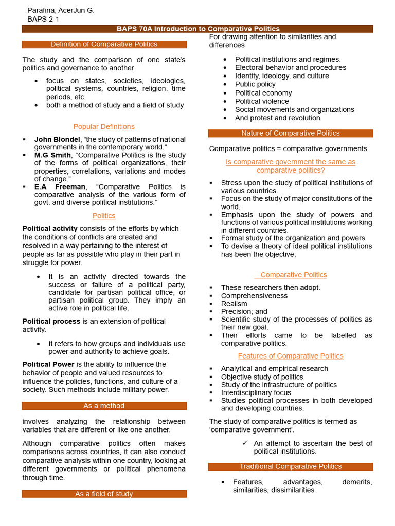 Features of Comparative Politics | PDF | System | Institution