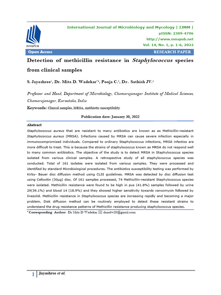 Detection Of Methicillin Resistance In Staphylococcus Species From Clinical Samples Pdf