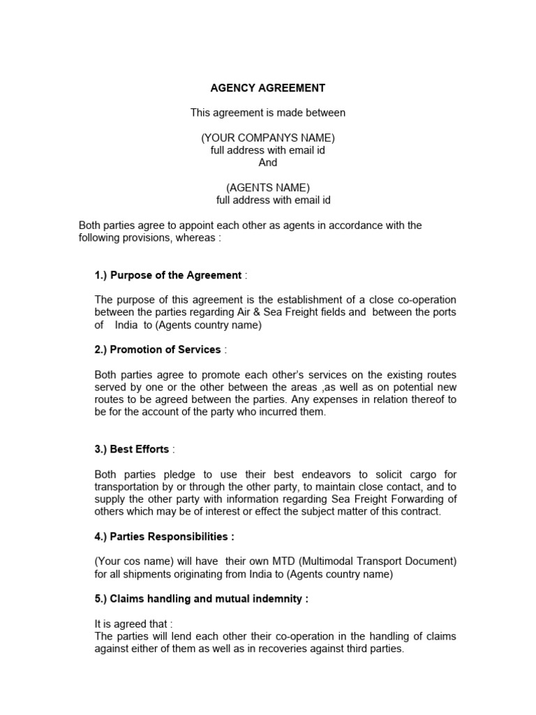 MTO Agency Agreement Amended Draft - 1 | PDF | Indemnity | Cargo