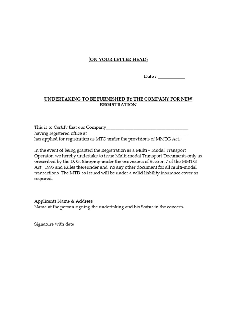 MTO Reg 6 Undertaking New Registration | PDF
