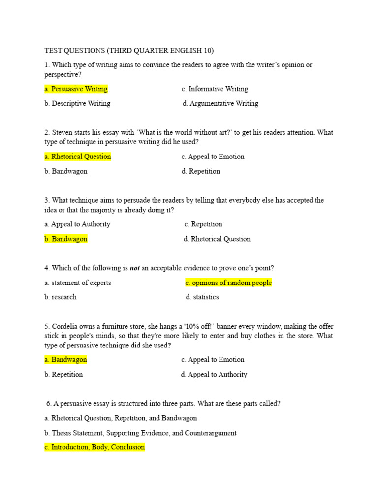 Test Questions | PDF | Argument | Essays
