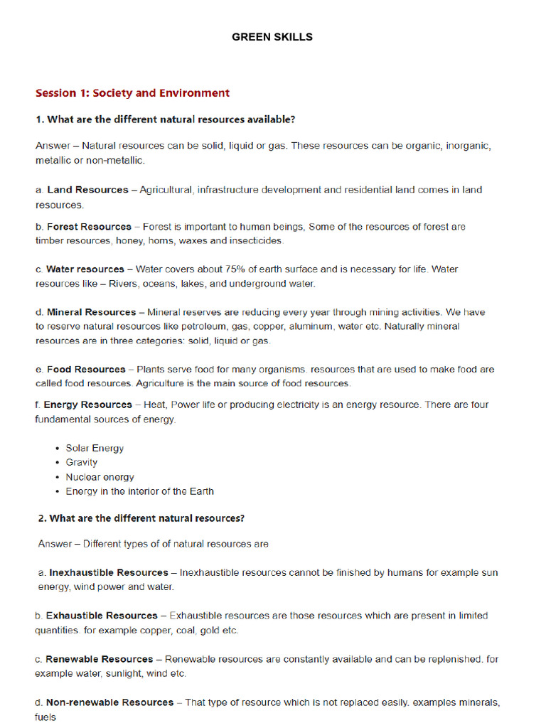 Green Skills Notes-Class-9 (It) | PDF