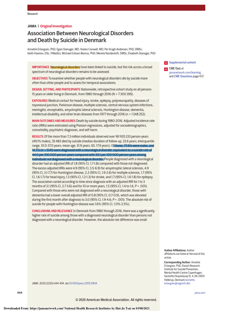 JAMA - 2020 Erlangsen | PDF | Neurology | Neurological Disorders