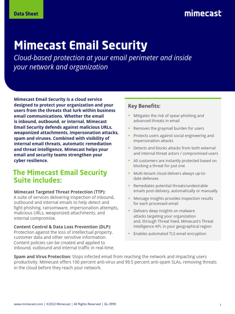Mimecast - Email Security - Datasheet | PDF | Malware | Security