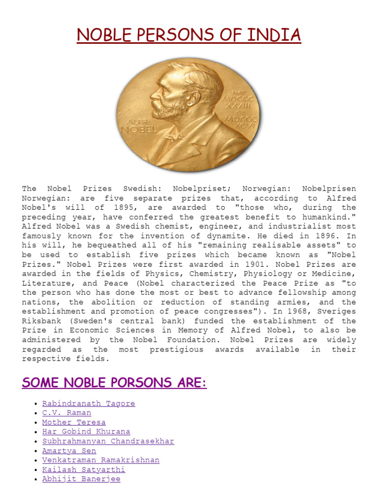 Indian Nobel Laureates | PDF | Social Science