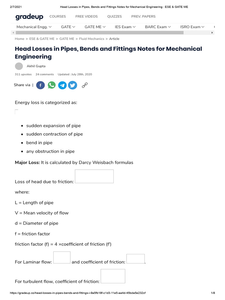 Head Loss in Pipes and Fittings Guide | PDF | Dynamics (Mechanics ...