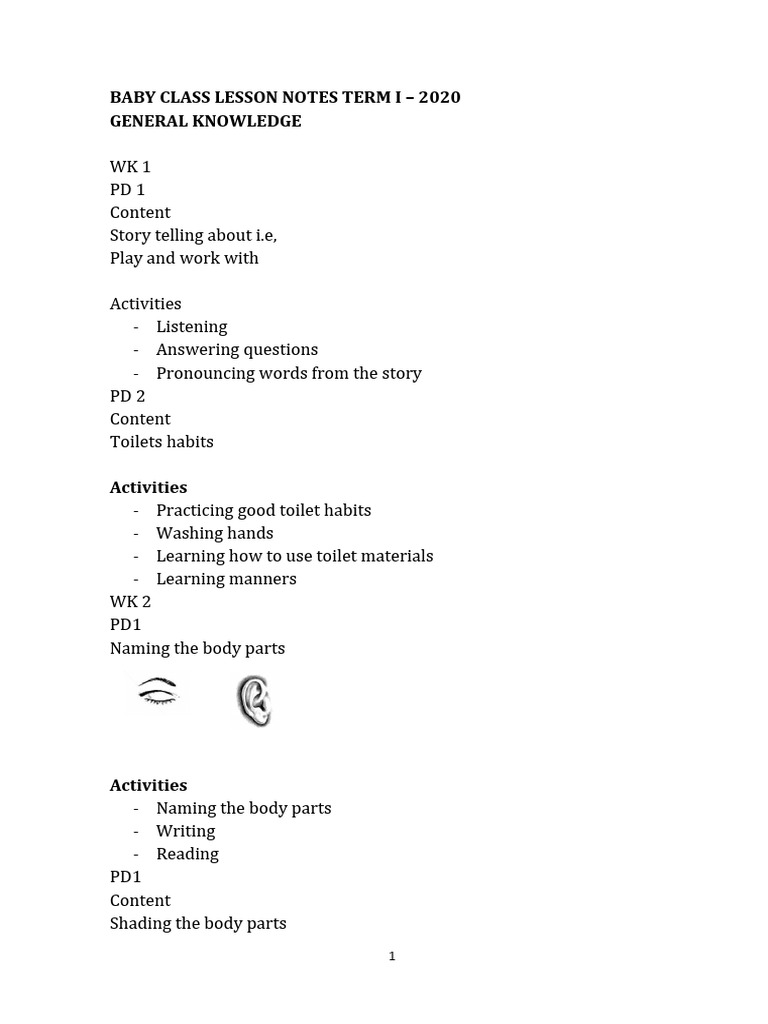 Baby Class GK Lesson Notes Term I | PDF
