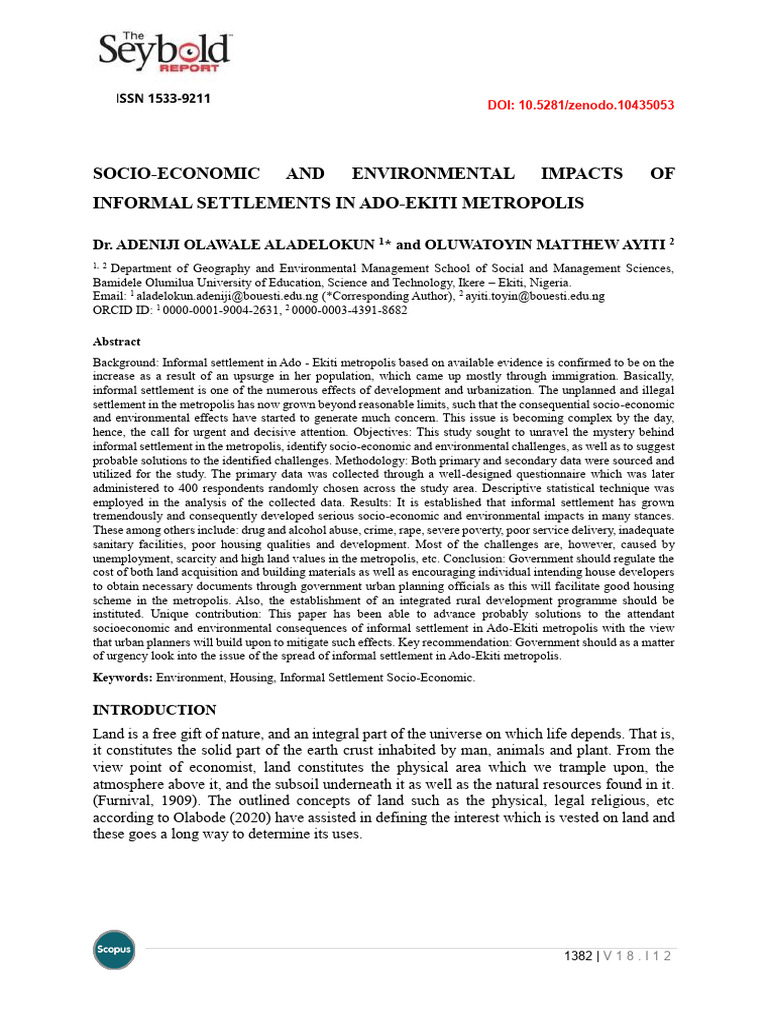 SOCIO-ECONOMIC AND ENVIRONMENTAL IMPACTS OF INFORMAL SETTLEMENTS IN ADO ...