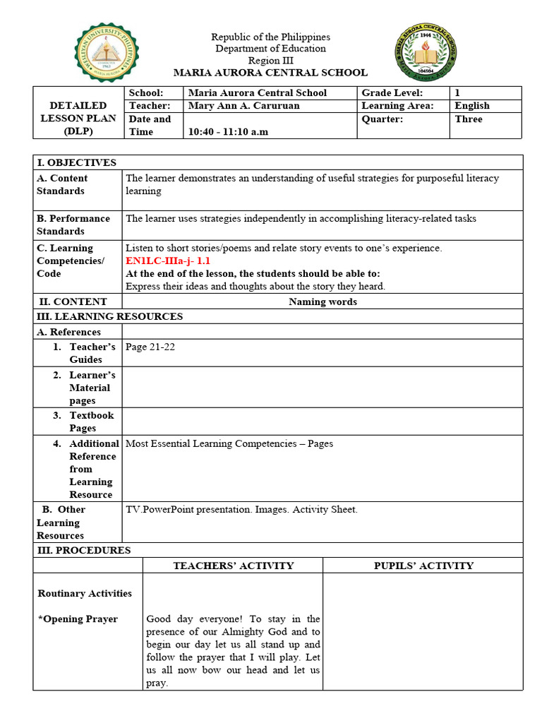 DLP - Naming Words | PDF | Learning | Prayer