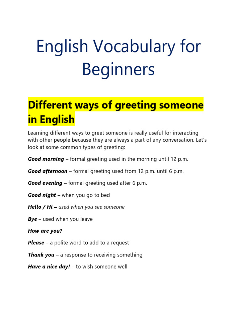 English Vocabulary For Beginners | PDF | Linguistics