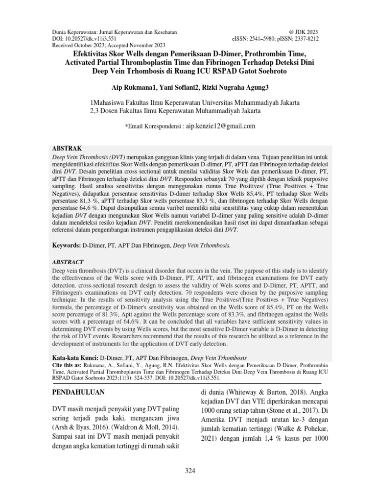 Efektivitas Skor Wells Dengan Pemeriksaan D-Dimer, Prothrombin Time ...