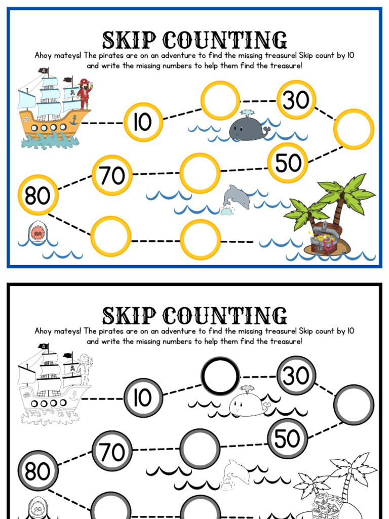 Pirates Treasure Hunt Skip Counting by 10s Math Worksheet | PDF