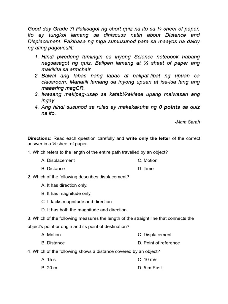 Distance and Displacement Quiz | PDF | Distance | Metre
