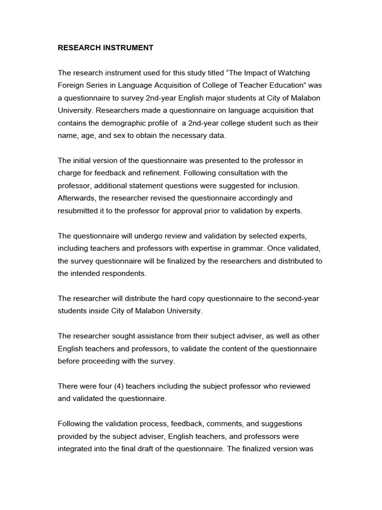 Research Instrument | Download Free PDF | Questionnaire | Fluency