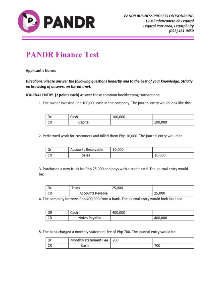 Finance Test 2022 | PDF | Debits And Credits | Personal Finance
