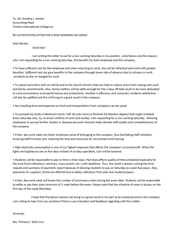 Request for Non-Working Saturday Justification | PDF | Employment ...