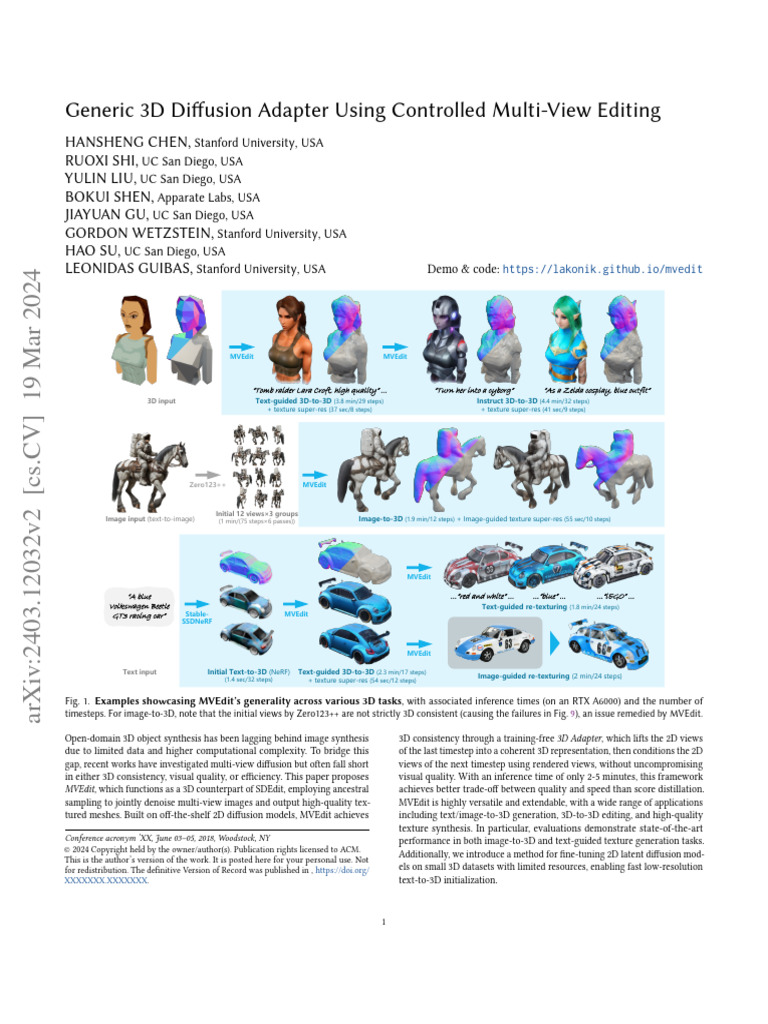 Generic 3D Diffusion Adapter Using Controlled Multi-View Editing | Download Free PDF | 3 D ...