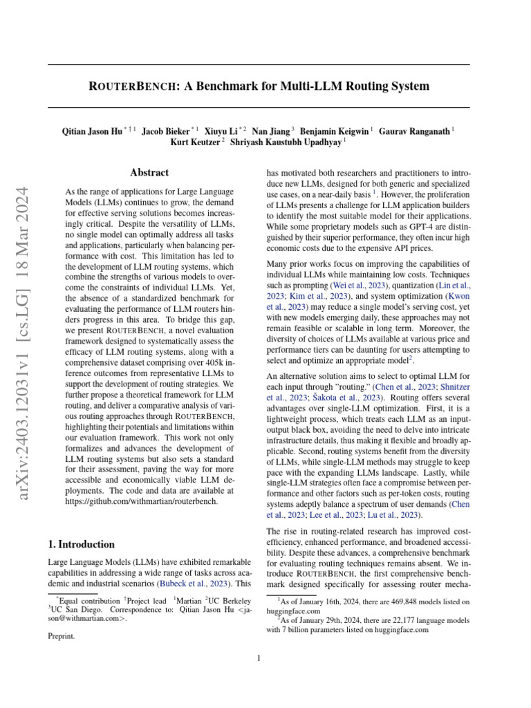ROUTERBENCH: A Benchmark for Multi-LLM Routing System | PDF ... ROUTERBENCH: A Benchmark for Multi-LLM Routing System | PDF ...