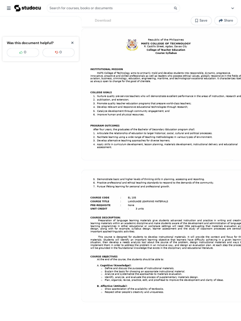 Language Learning Materials Syllabus 2nd Sem 2021 2022 - Compress | PDF | Learning | Lecture