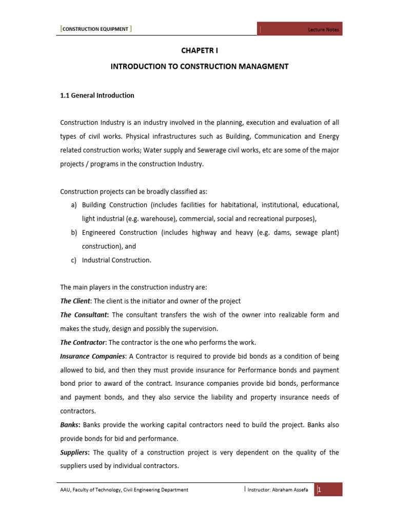 Chapter 1 Construction Managment Aau Pdf Civil Engineering