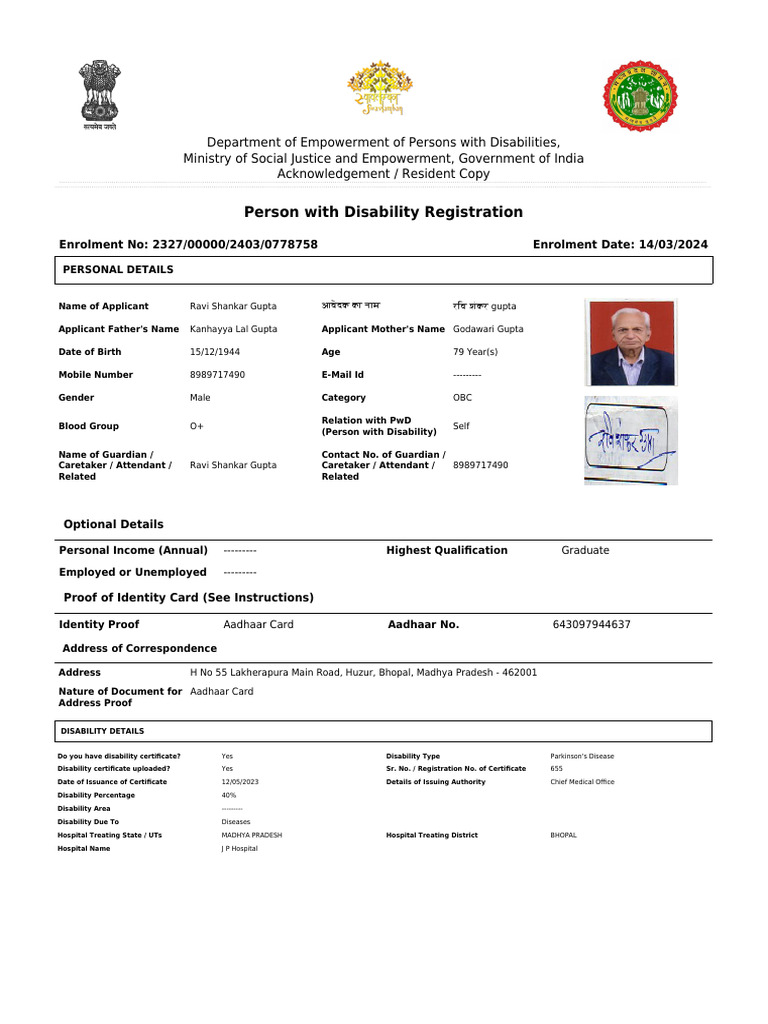 Disability Registration Receipt | PDF | Disability