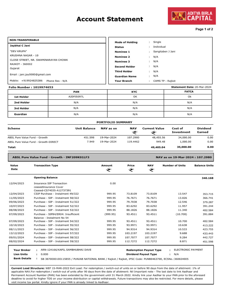 Account Statement: Folio Number: 1019974653 | PDF | Personal Finance ...