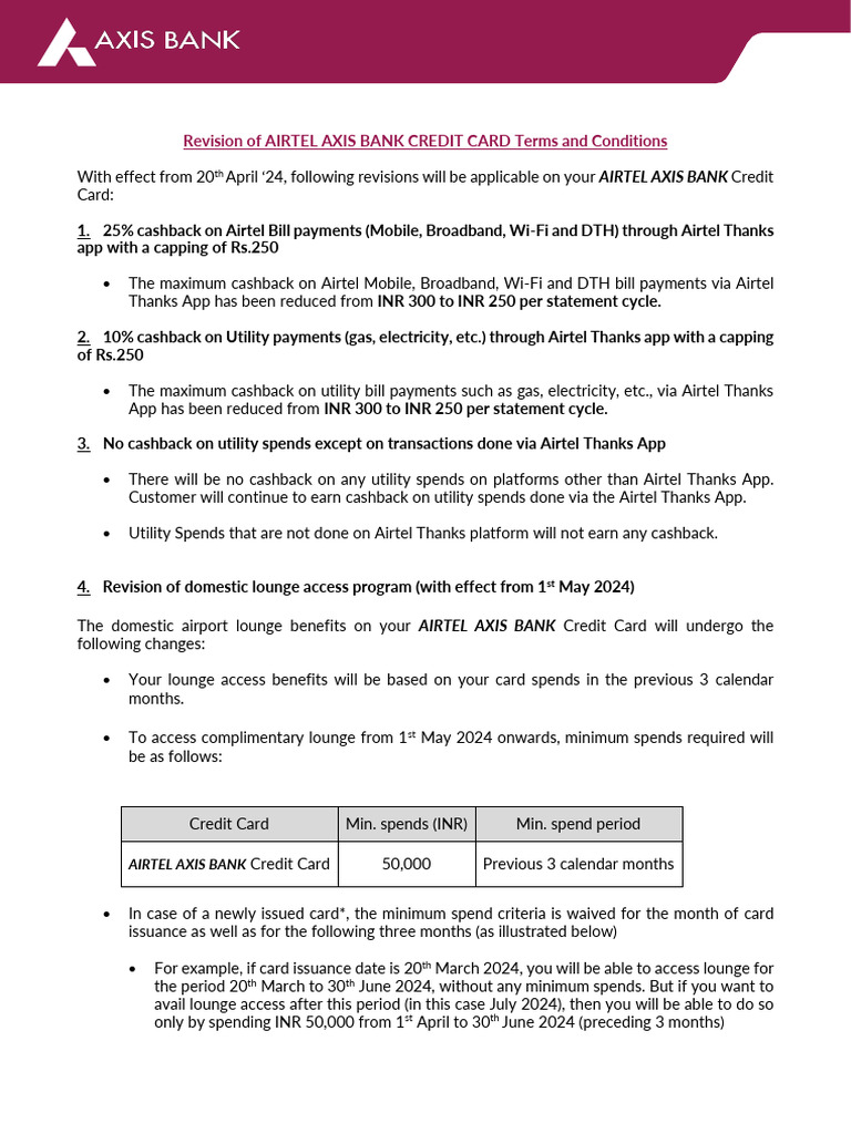 Airtel Axis Bank Credit Card Terms and Conditions | PDF | Credit Card | Service Industries