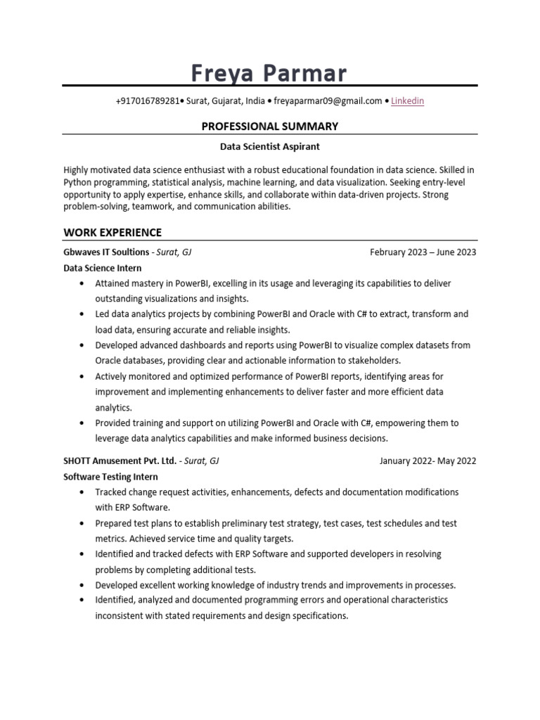 Freya Resume | Download Free PDF | Data Science | Data