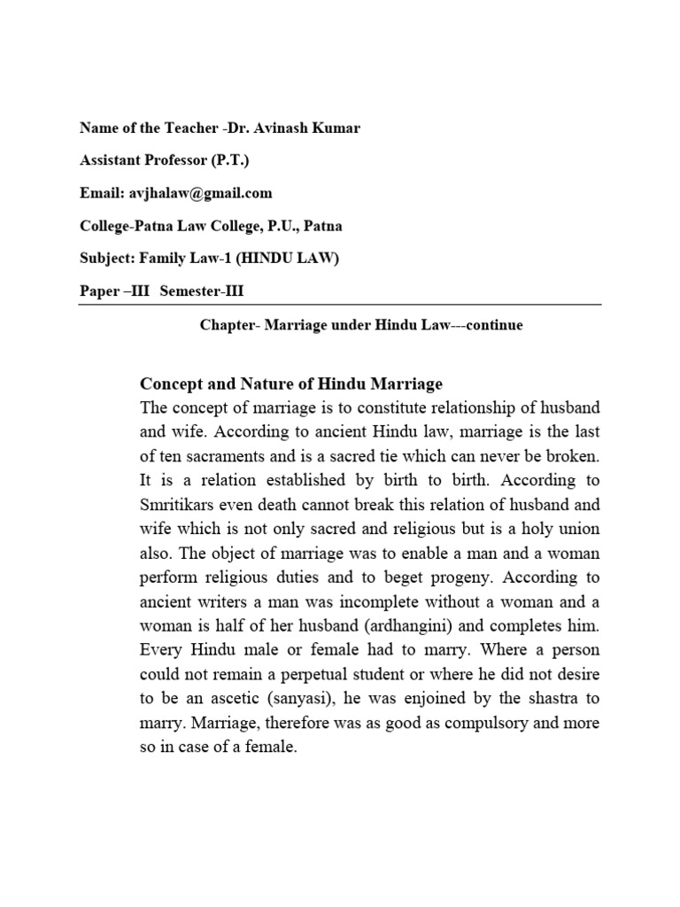 17th Lecture Concept And Nature Of Hindu Marriage Pdf Marriage