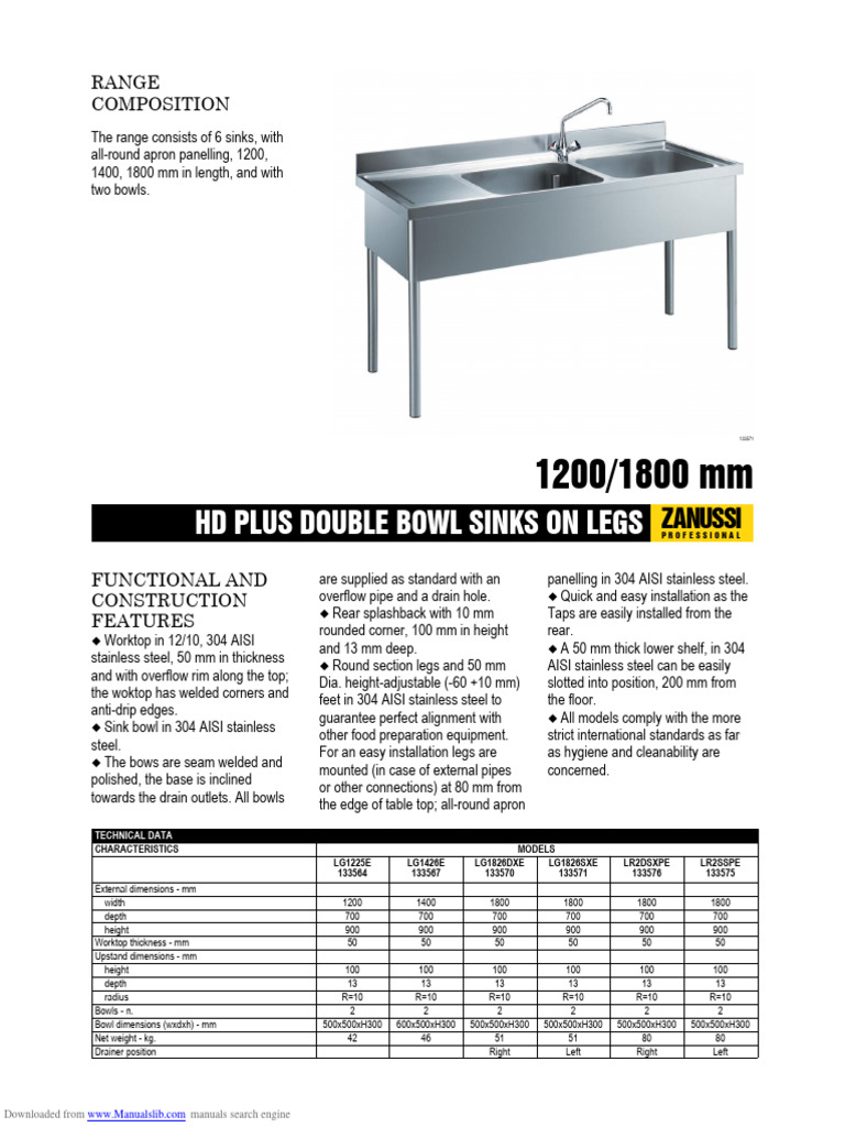 HD Plus Double Bowl Sinks On Legs: Range Composition | PDF | Tap (Valve ...