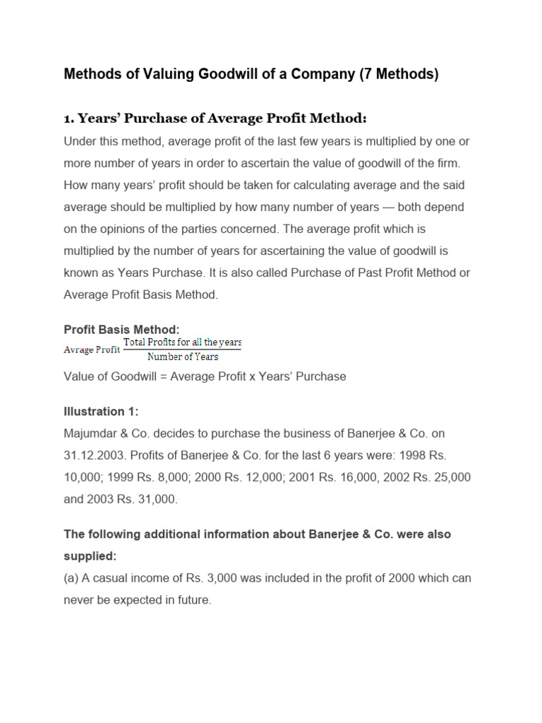 Methods of Valuing Goodwill of A Company (7 Methods) | PDF | Goodwill ...