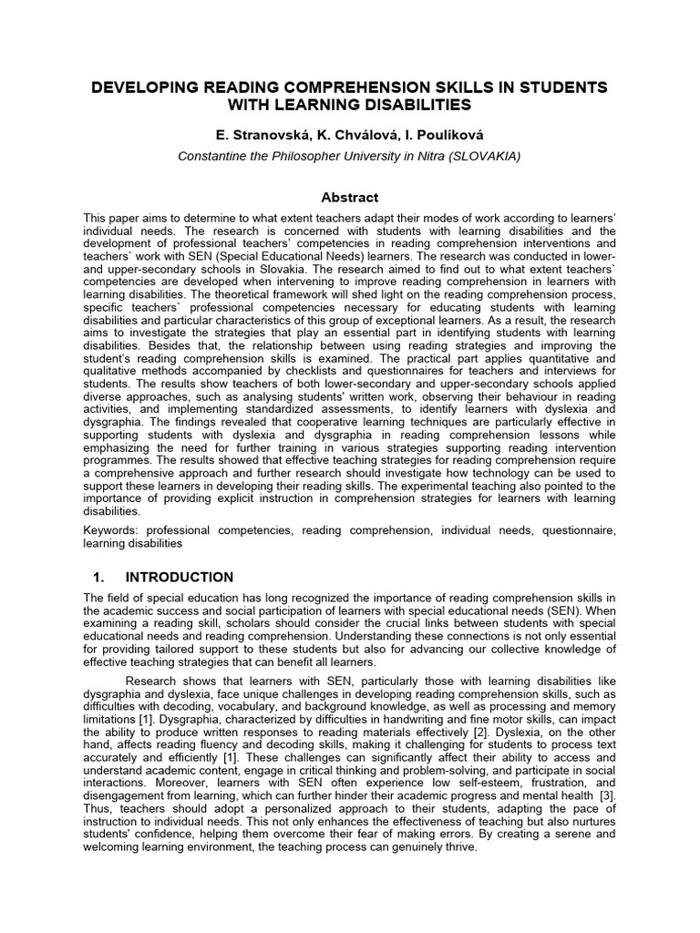 Developing Reading Comprehension Skills in Students With Learning Disabilities | PDF | Reading ...