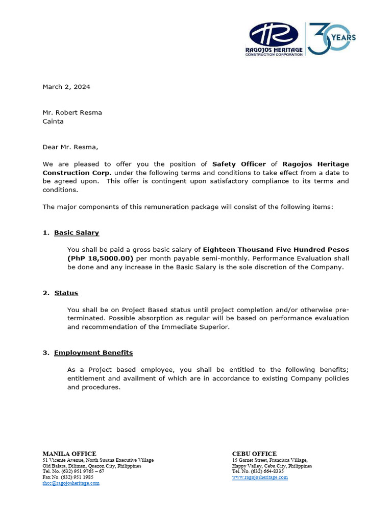 Job Offer - SO Robert Resma | PDF | Salary | Employment